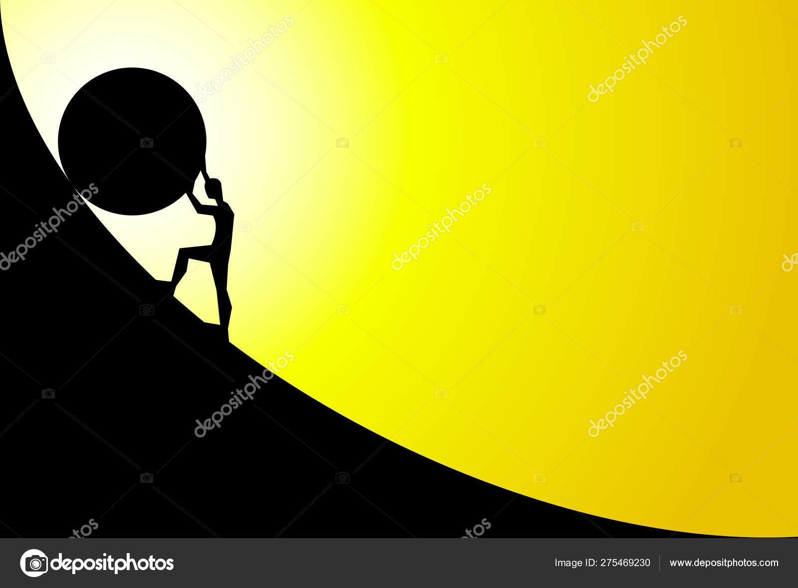 Man pushing big boulder uphill with yellow sky and sun. Concept of ...