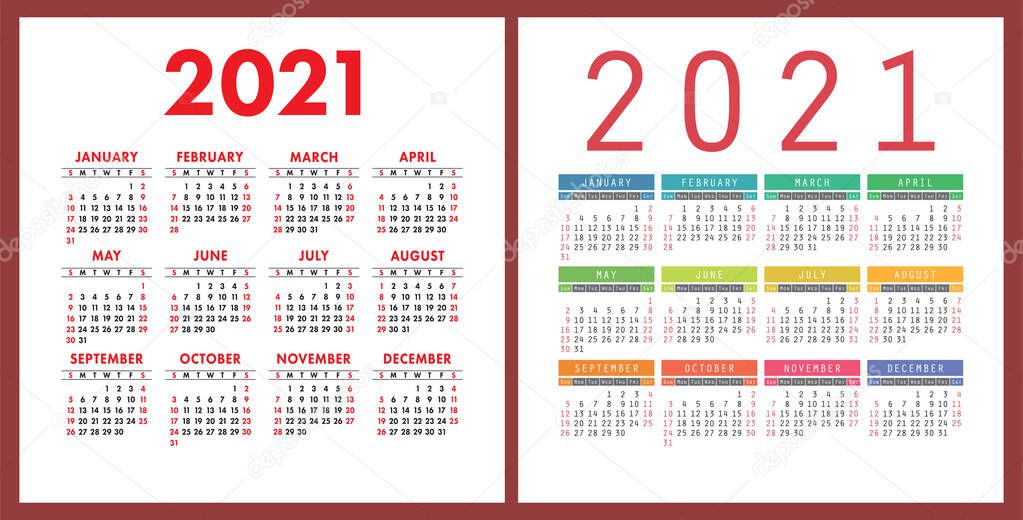 Calendario 2021 conjunto de años. Bolsillo vectorial o colección de ...