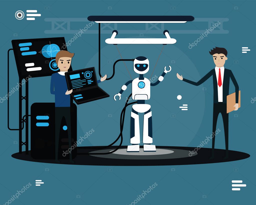 Concepto robótico de tecnología, Programador está cargando datos a robot, Proceso de ...