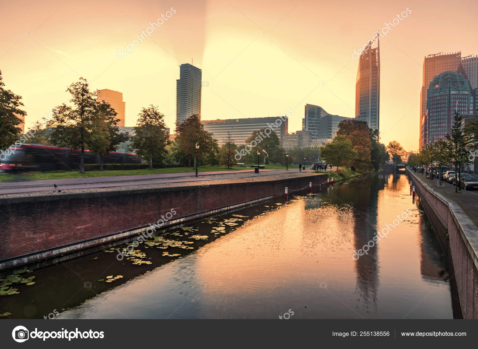 Sunrise Hague Skyline Vivid Orange Color Casting Hash Lights Buildings ...