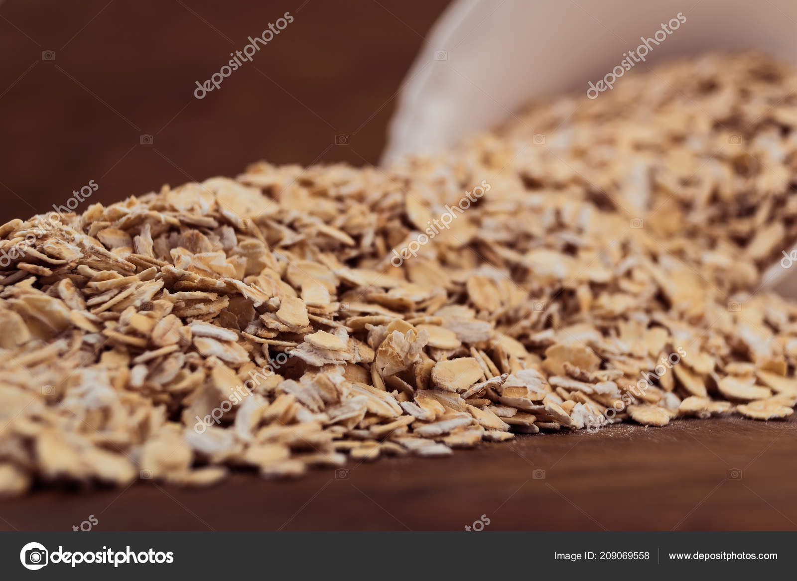 Oat Flakes Spilled Out White Porcelain Bowl Table Close Wooden Stock ...