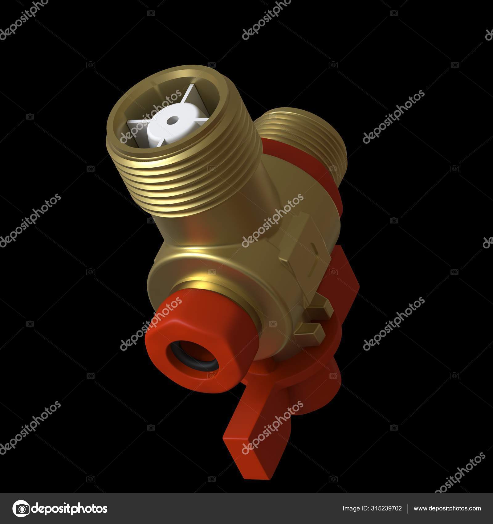 Water tap ball valve with red valve on a black background, isolate. 3D ...
