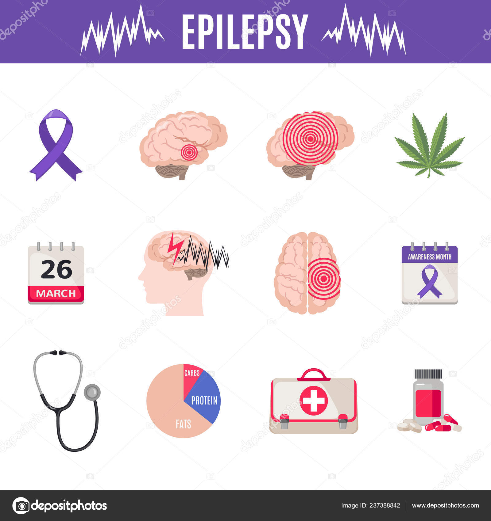 Epilepsy Icons Set Flat Style Isolated White Background Vector ...