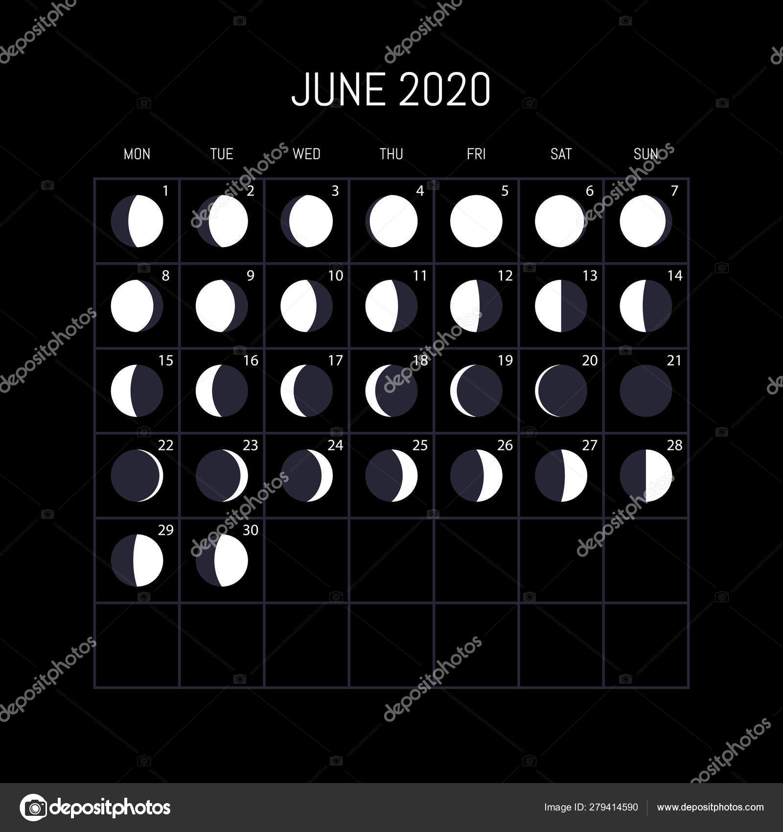 Moon phases calendar for 2020 year. June. Night background desig Stock ...