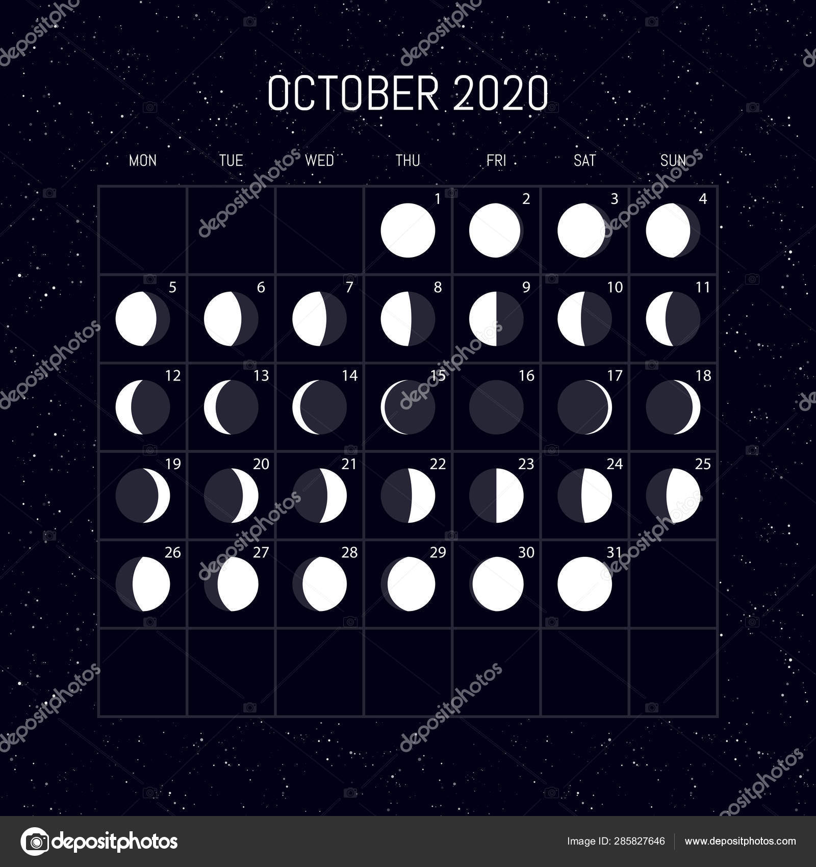Moon phases calendar for 2020 year. October. Night background de Stock ...
