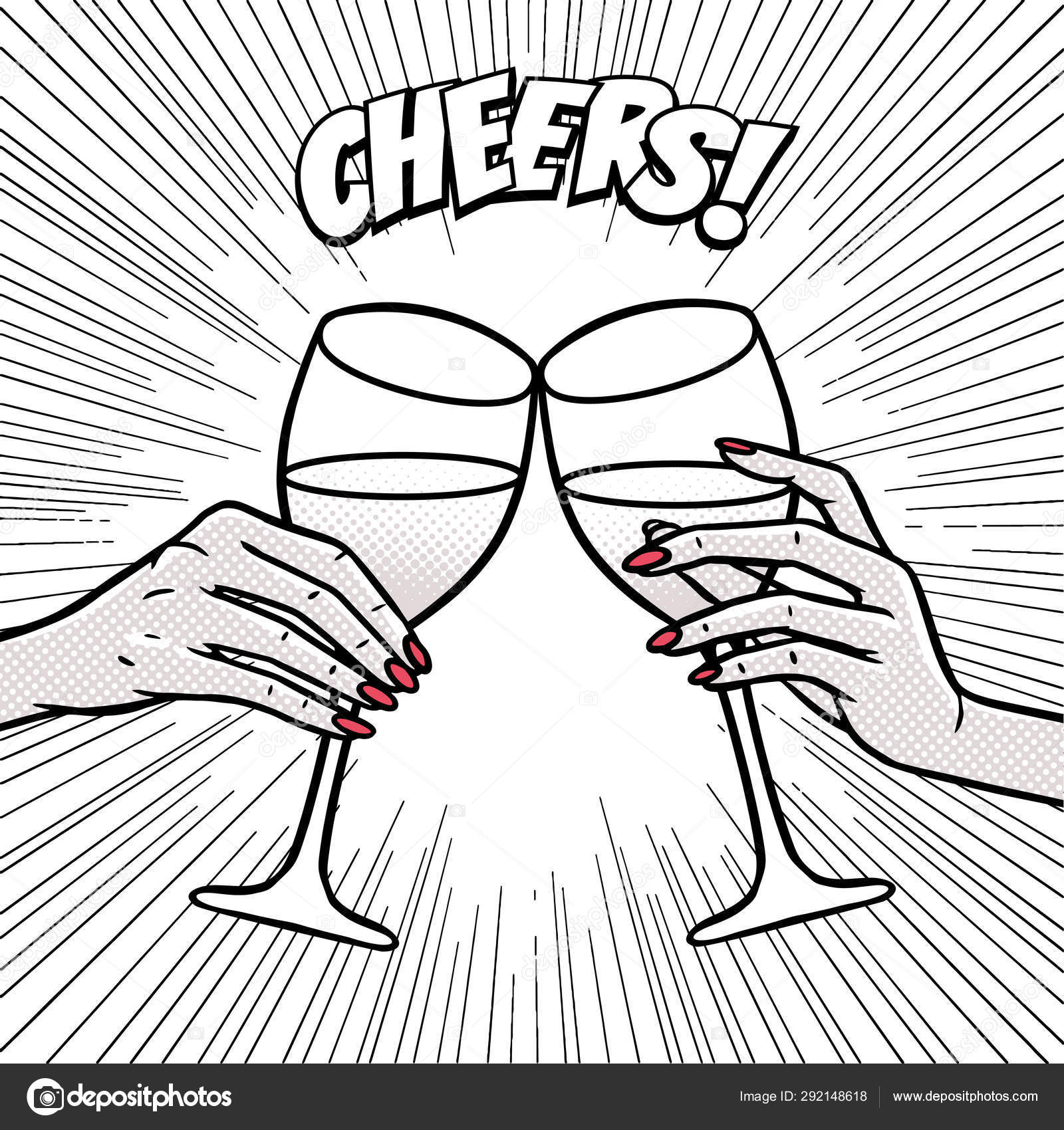 Cheers Girls Drinking Hands With Wine Glasses Comic Style Pop Stock