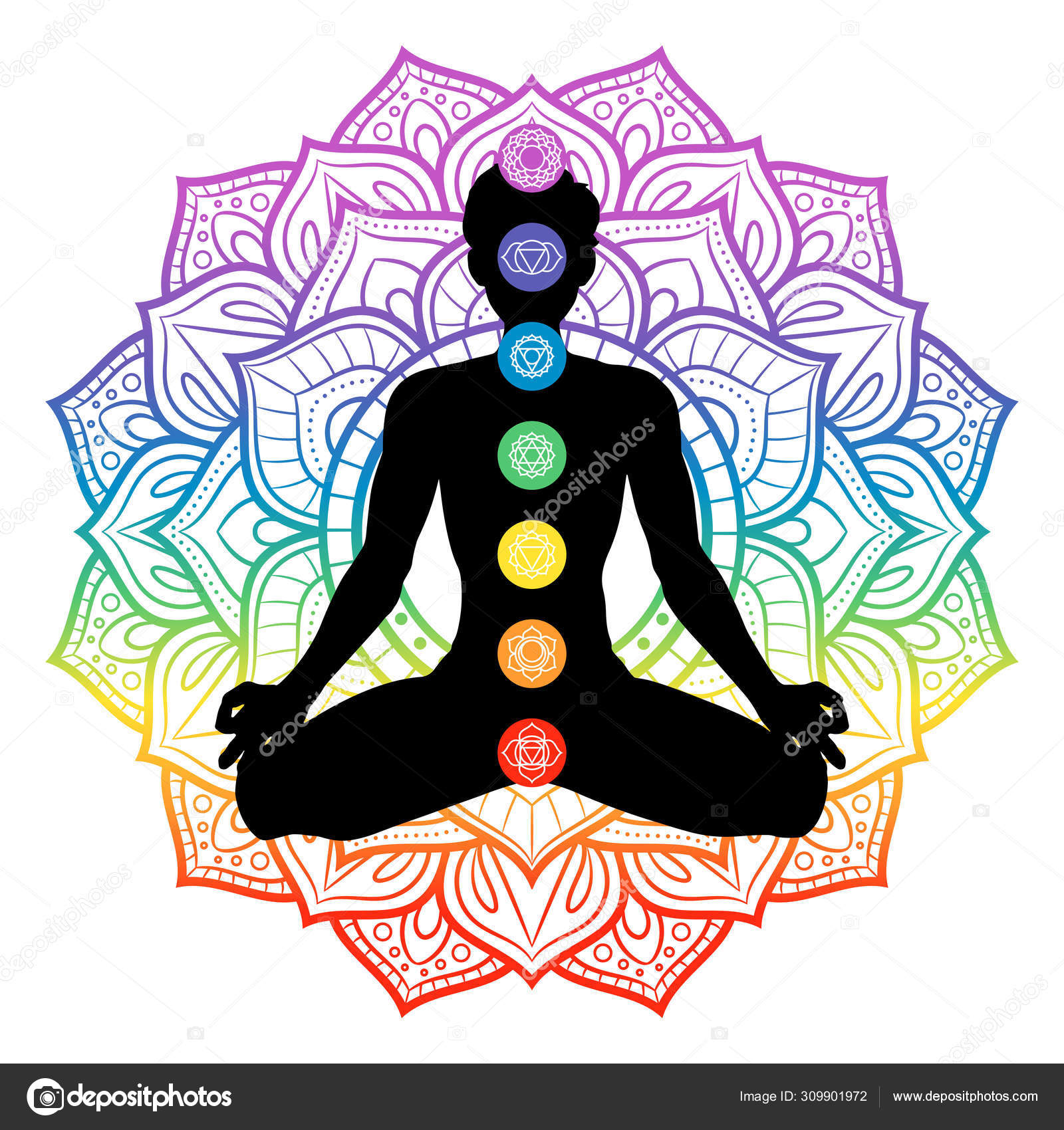 Seven chakras on meditating yogi man silhouette, vector illustra ...