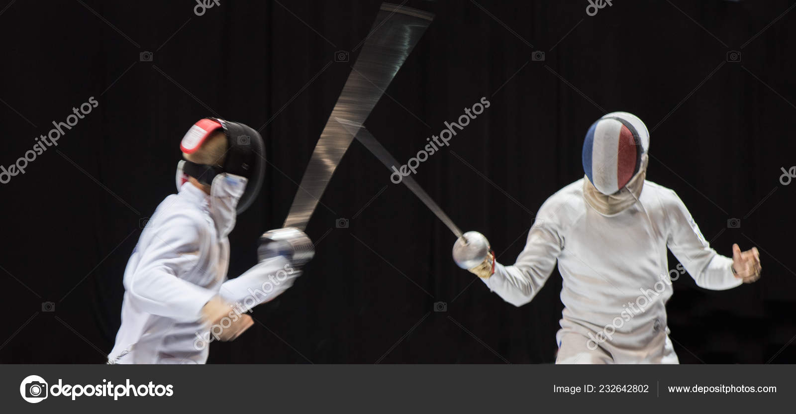Two Man Fencing Athletes Fight Professional Sports Arena — Stock Photo ...