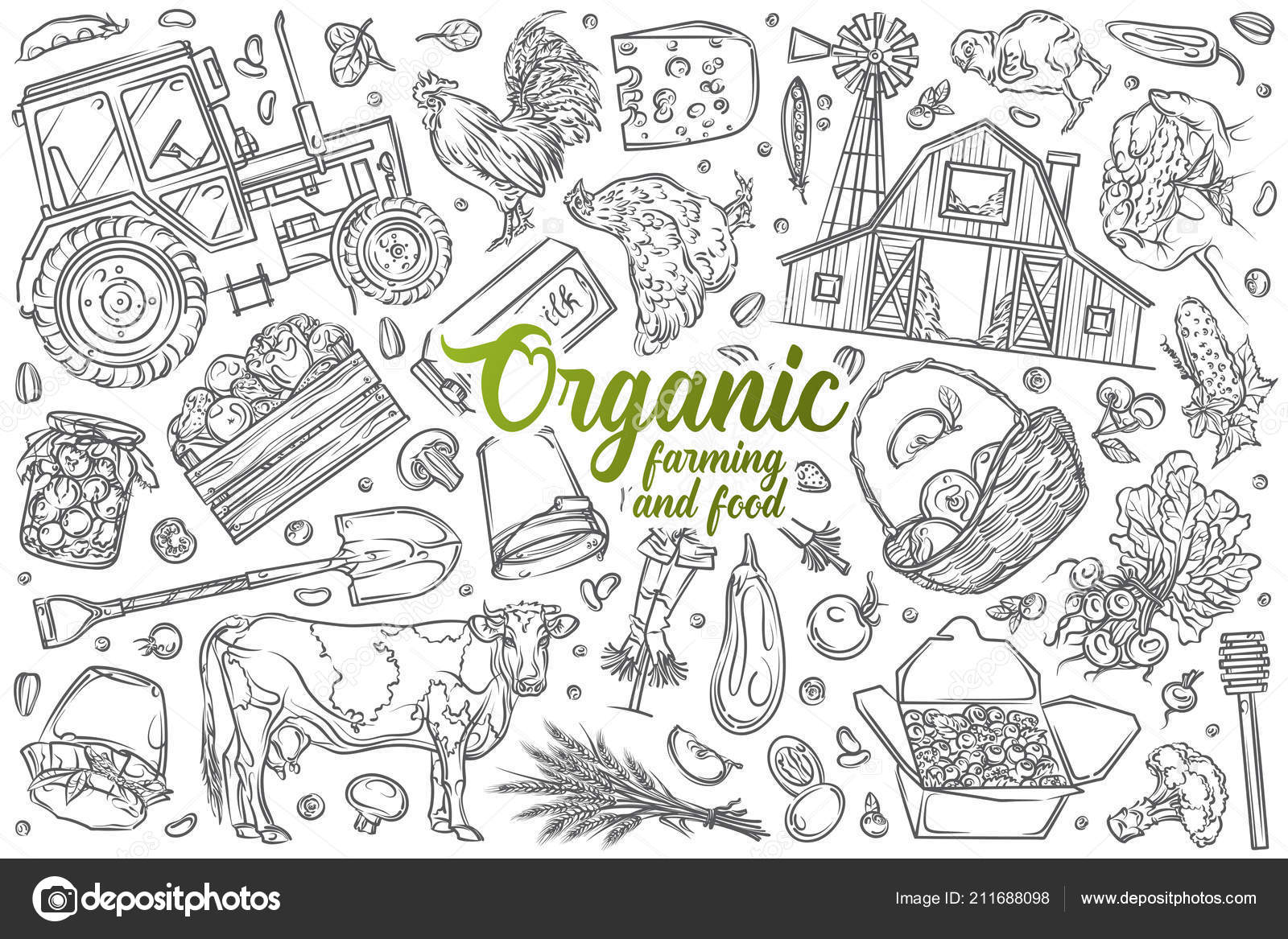 Hand drawn organic farming and food set doodle vector background Stock ...