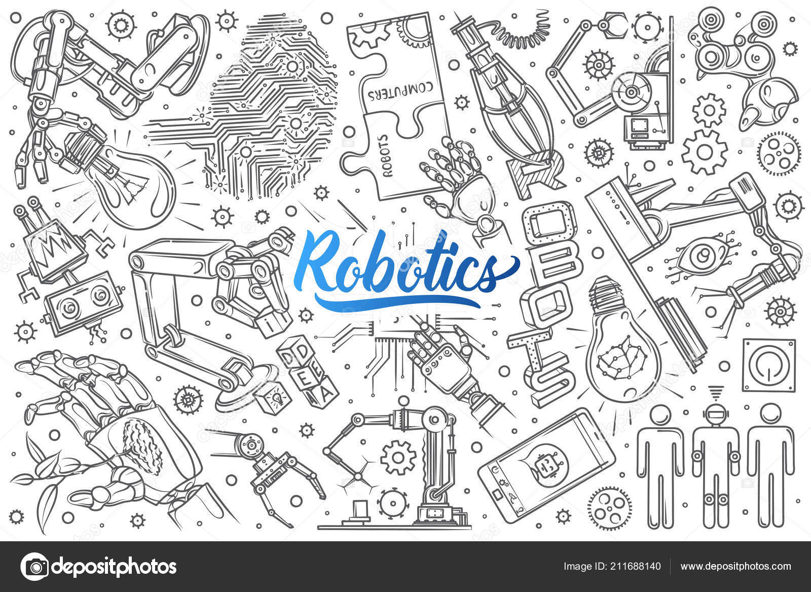 Hand drawn robotics set doodle vector background Stock Vector Image by ...