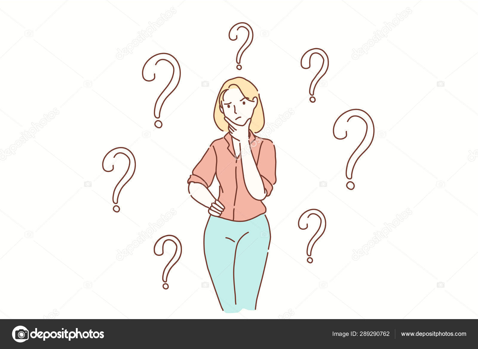 Thoughtful serious young woman with hand on chin feeling doubt isolated ...