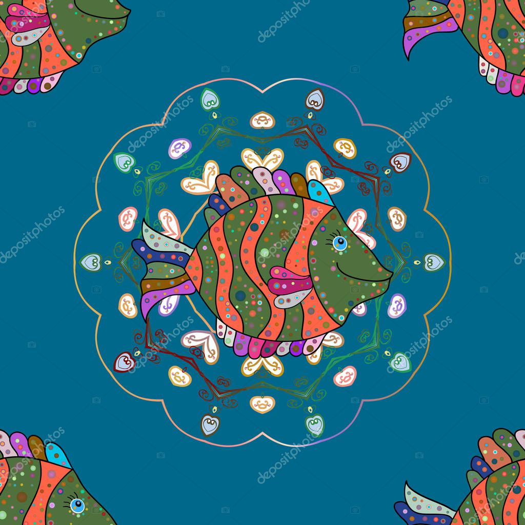 Patrón colorido lindo pez textura. Fishe en azul, verde y naranja ...