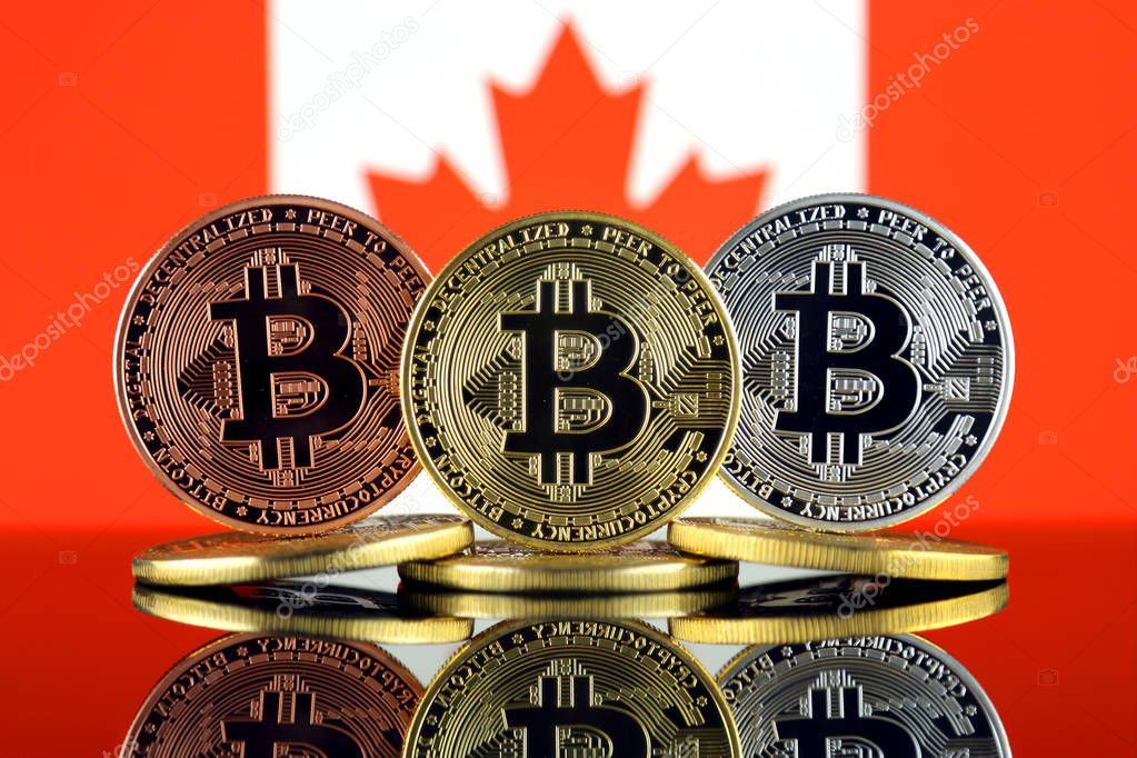 Versión física de Bitcoin (BTC) y Bandera de Canadá. Imagen conceptual ...