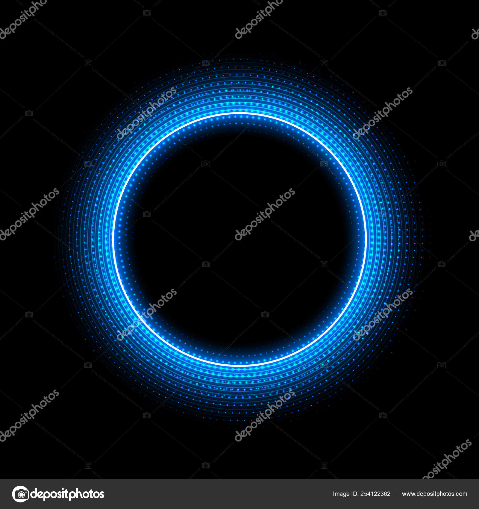 Neon circle with dots light effect on black background. Modern round ...