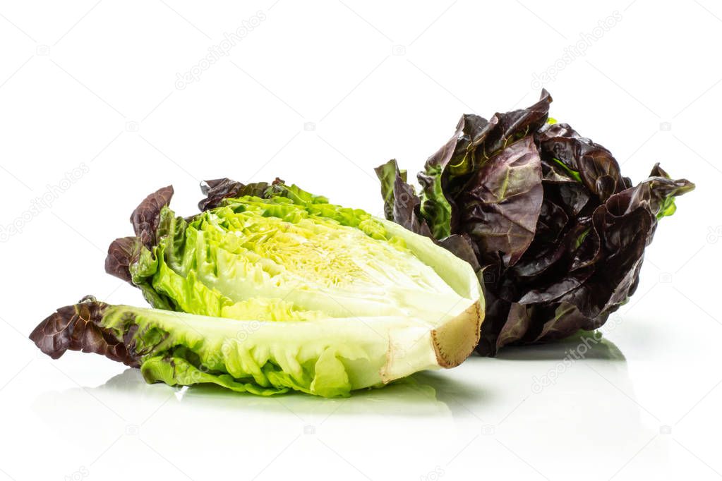 Grupo de una mitad entera de lechuga verde fresca pequeña sección ...