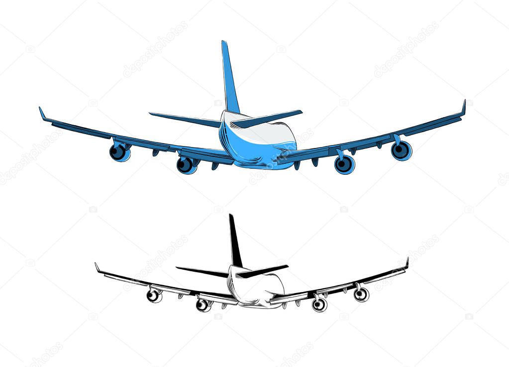 Dibujo vectorial de avión en color azul, aislado sobre fondo blanco ...