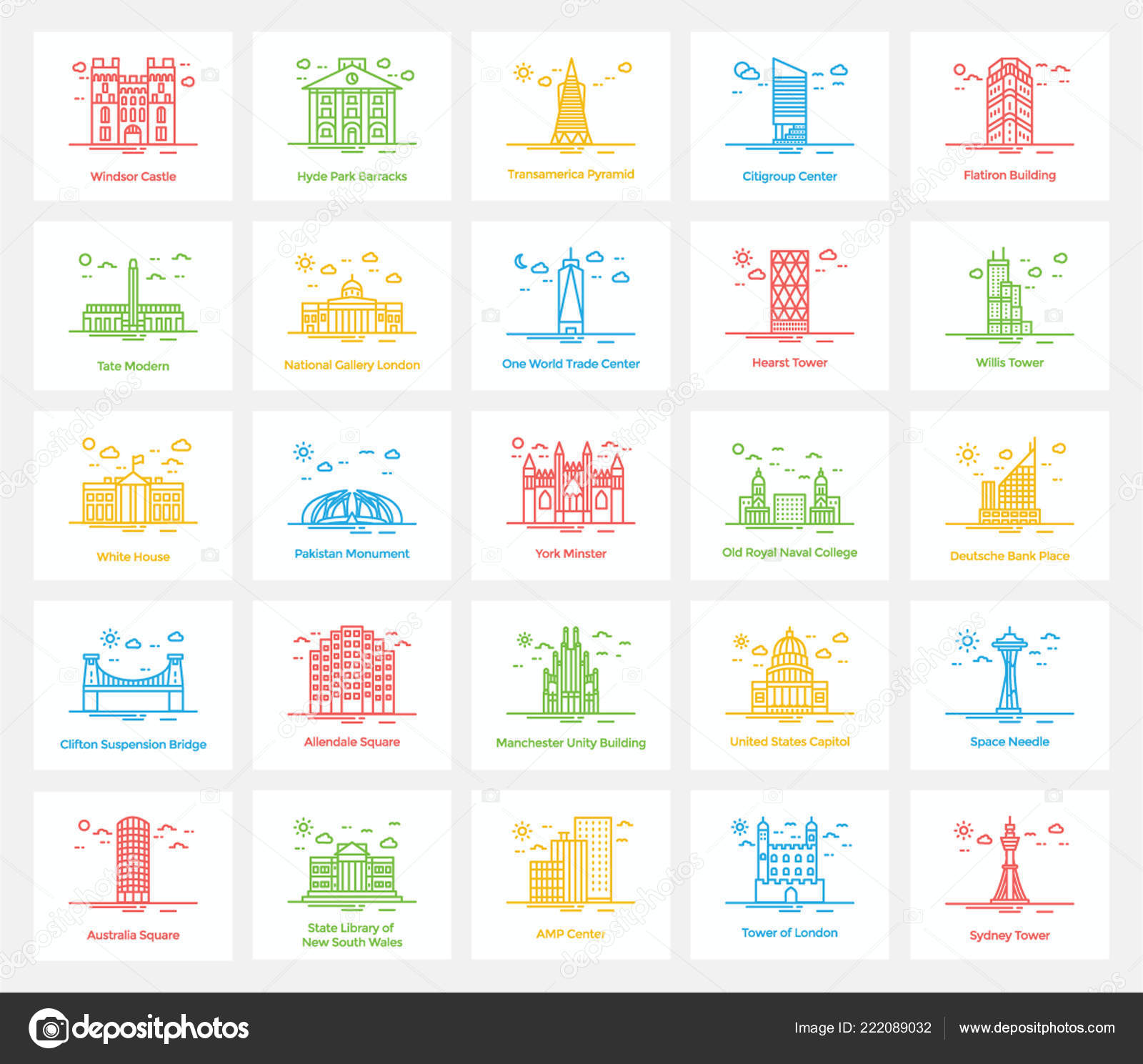 Famous Landmarks Icons Pack Stock Vector Image by ©prosymbols #222089032