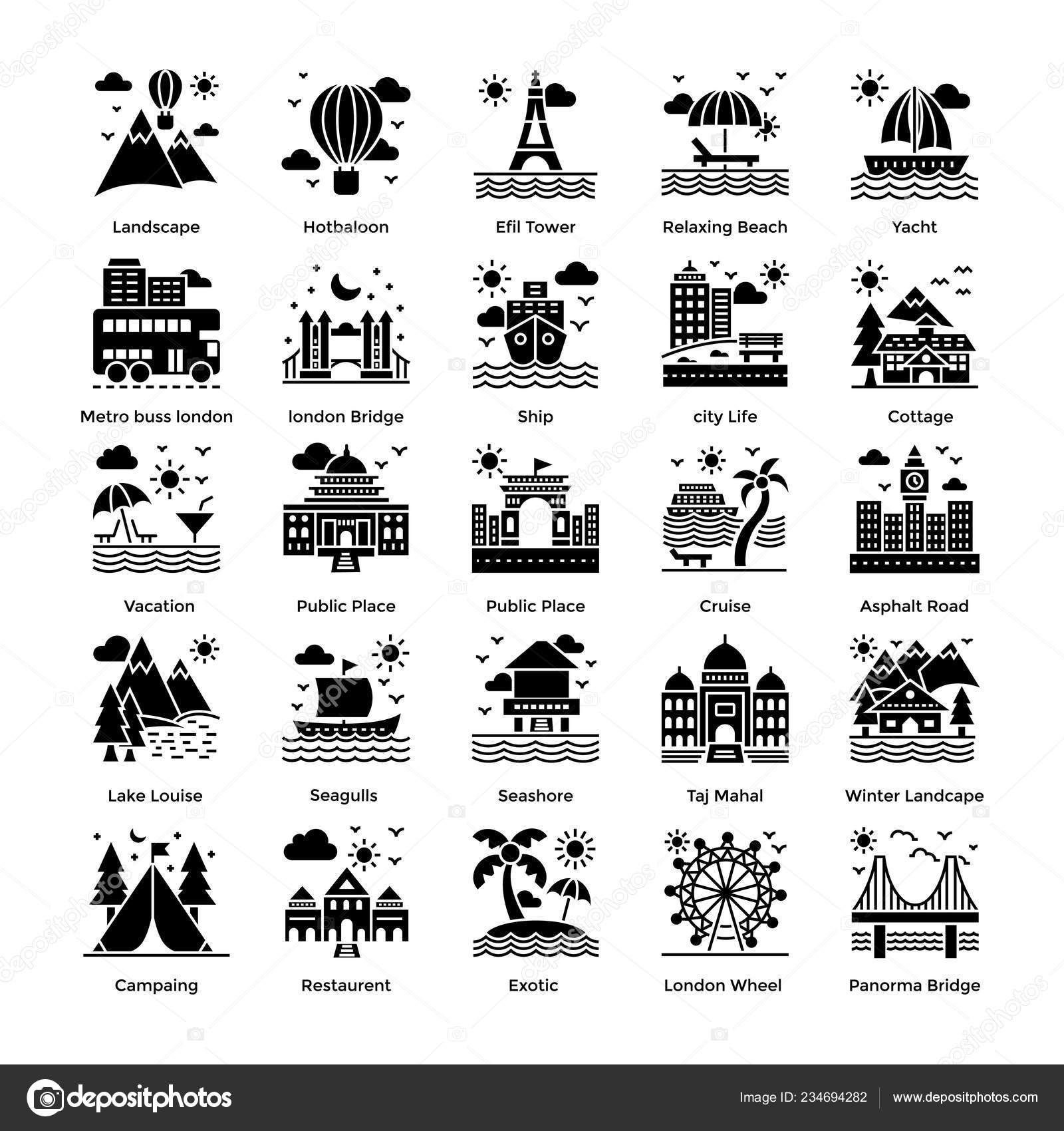 Tourism Solid Icons Pack Stock Vector Image by ©prosymbols #234694282
