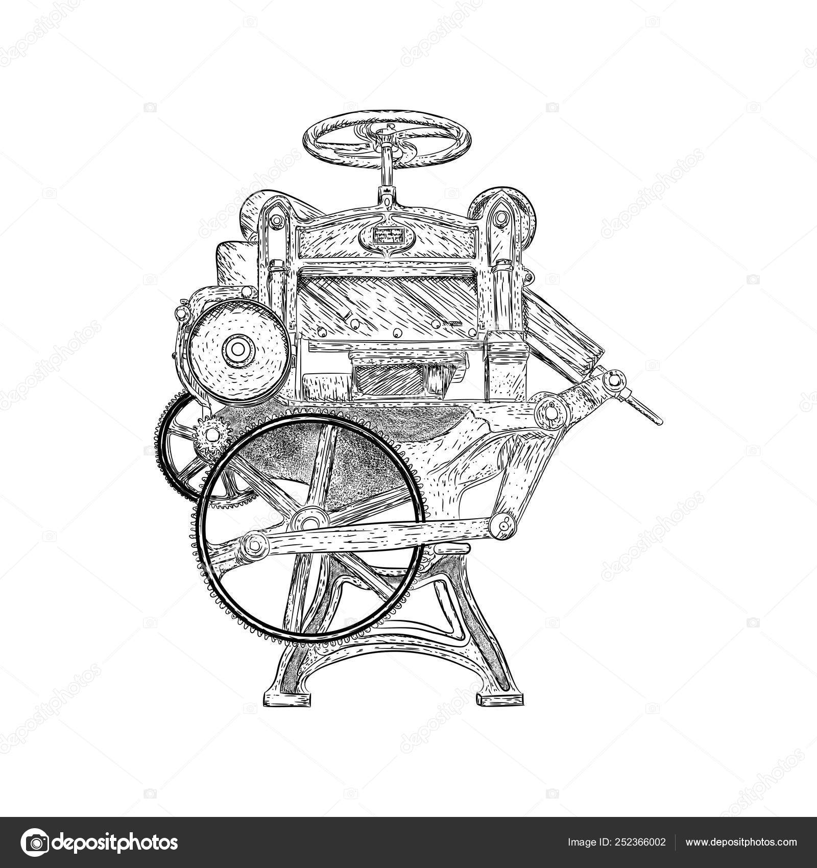 Ancient Printing Press Machine Illustration Hand Drawn Sketch Antique ...