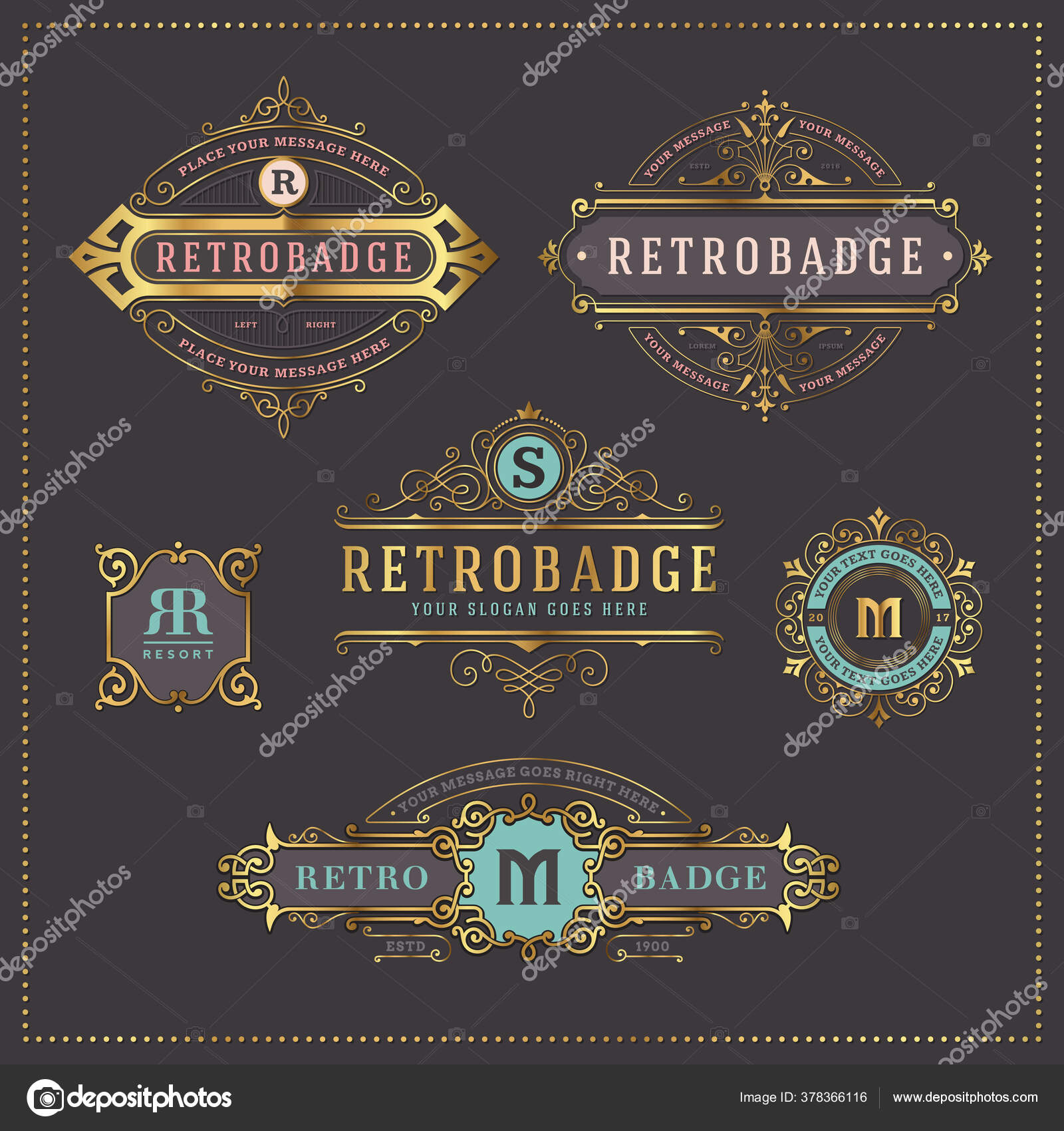 Set Elegant Golden Pastel Colored Retro Badges Labels Perfect Logos ...