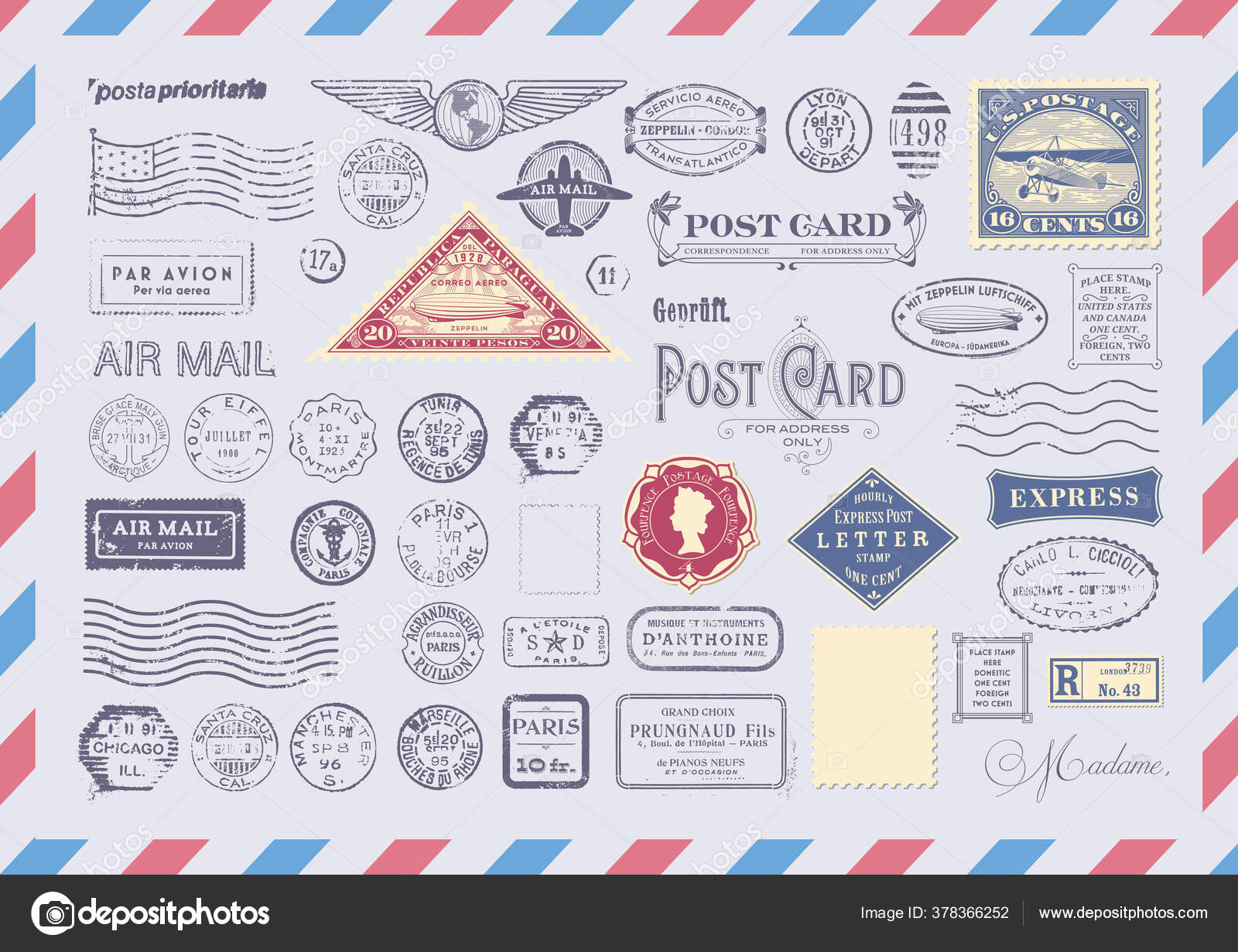 Collection Mail Themed Design Elements Grungy Textured Postage Rubber ...