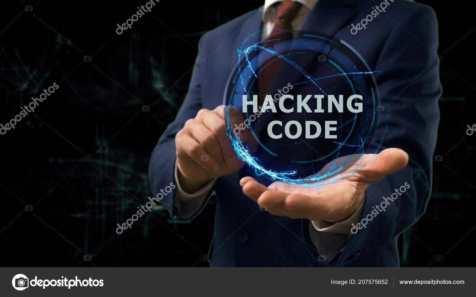 Businessman shows concept hologram Hacking code on his hand — Stock ...