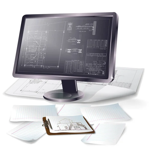 Architectural background with a monitor, office accesssories and rolls ...