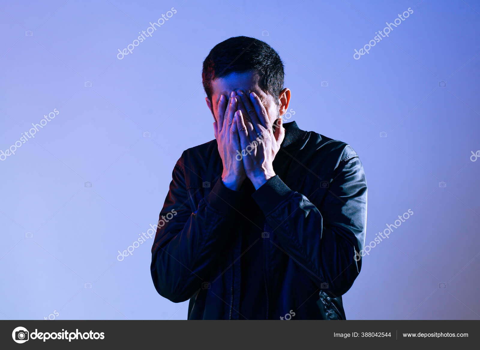 Embarrassed Man Covering His Face His Hands Lit Police Car Stock Photo ...