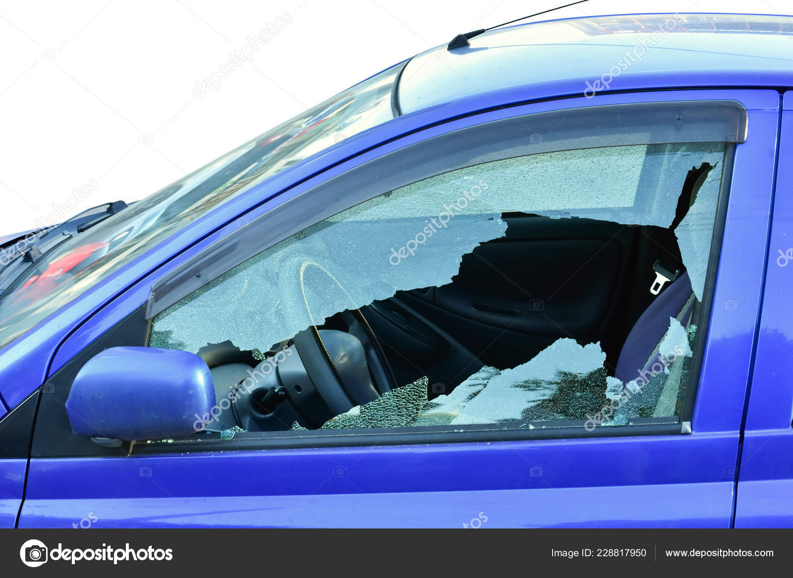 Broken Window Driver's Side Attempt Steal Bluecar Isolated White ...