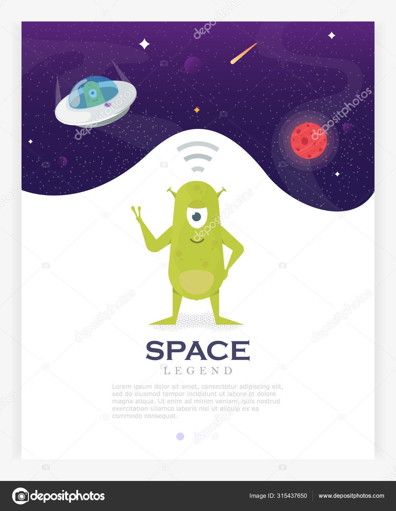 Cartoon about aliens. UFO in space on the background of Mars receives a ...