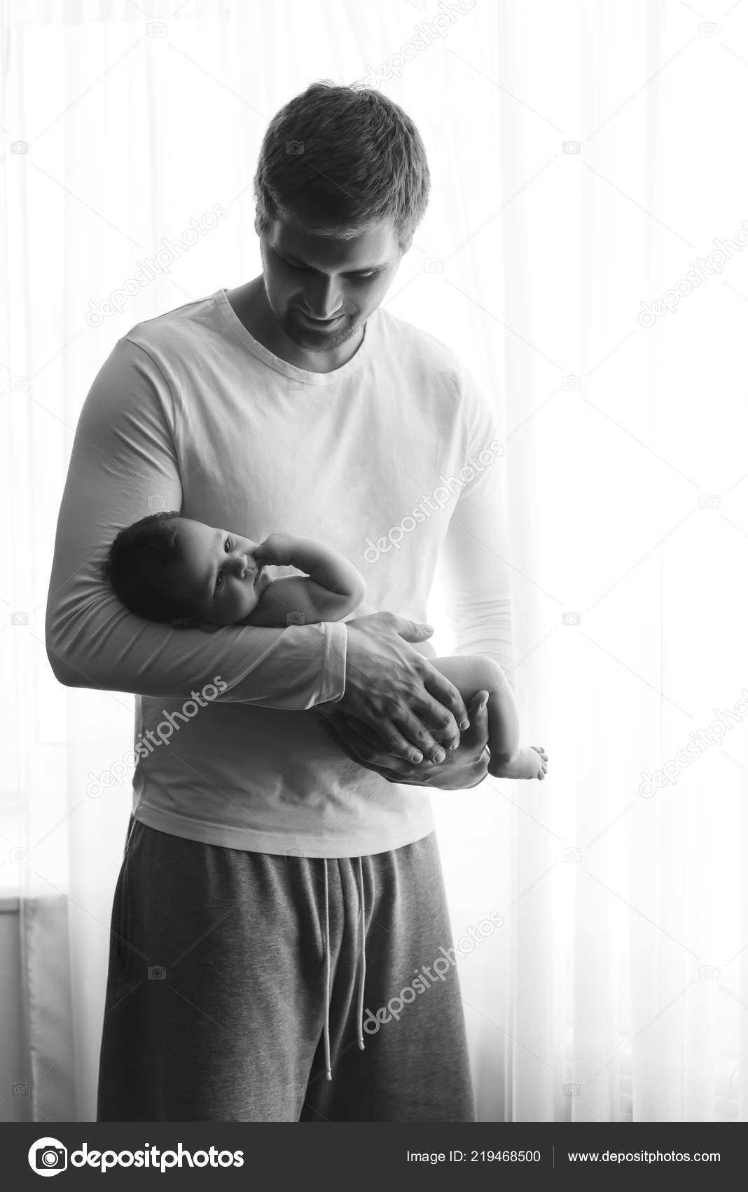 Black White Picture Father Carrying Little Baby Boy Front Curtains ...