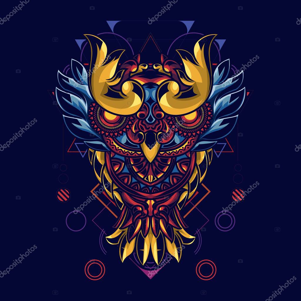 Ilustración de búhos con adornos de mandala. Con fondo geometría ...
