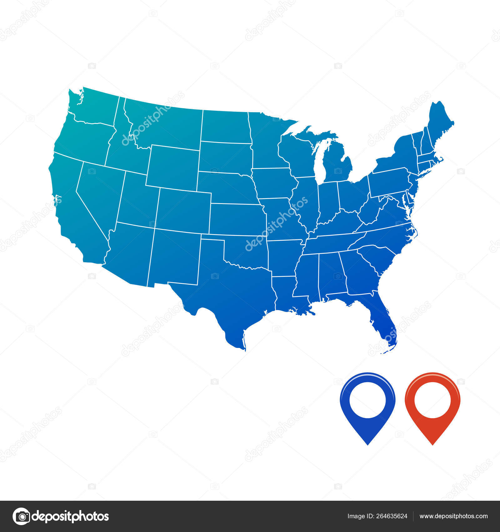 Mapa de Estados Unidos en color azul con pines de mapa. Ilustración ...