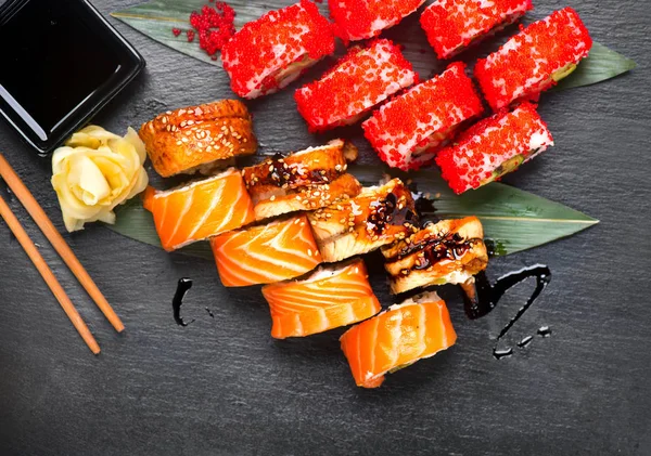 Sushi rolls closeup. Japanese food in restaurant. California sus ...