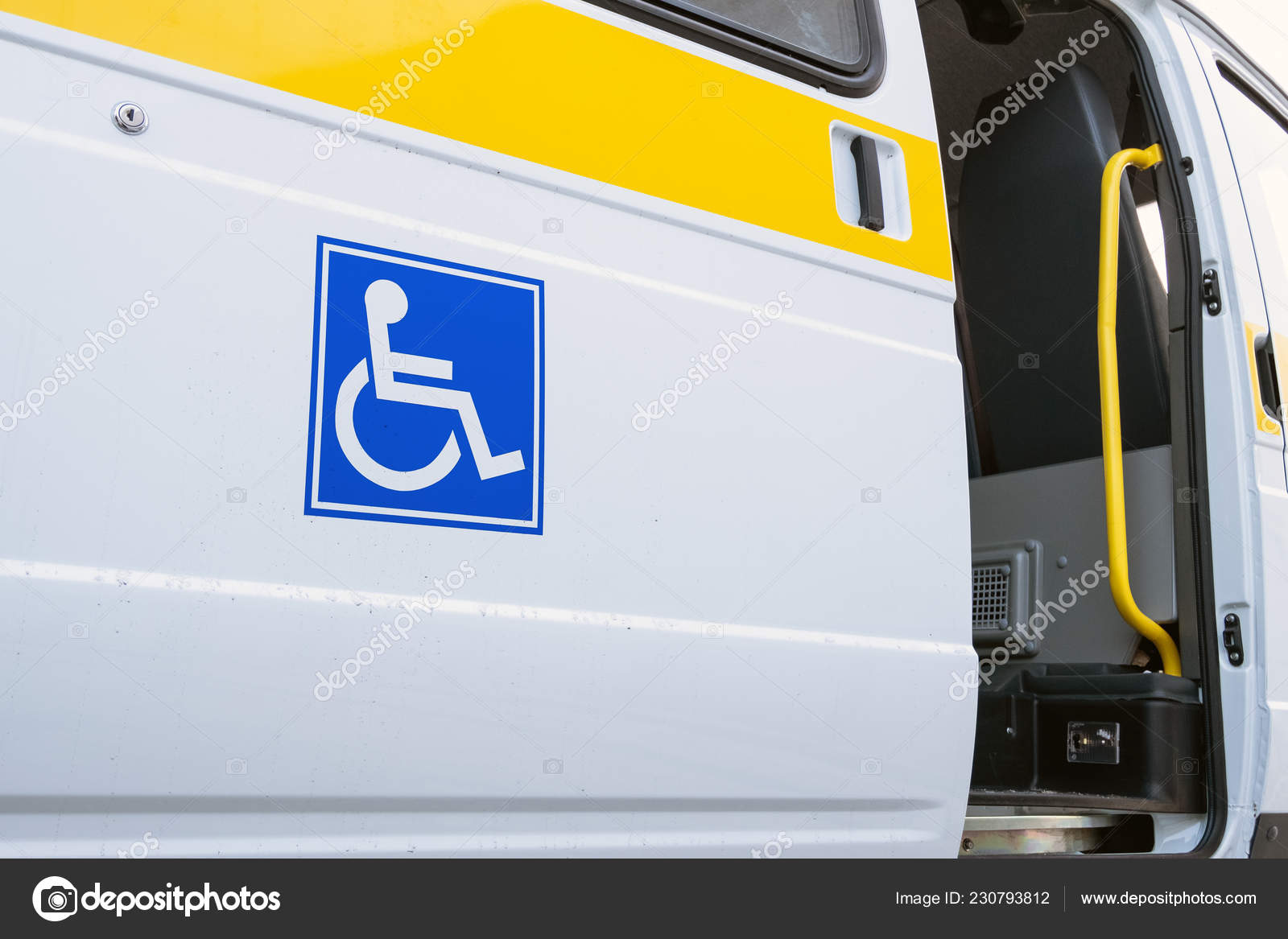 White Bus Blue Sign Disabled Open Door Specialized Vehicle People Stock ...