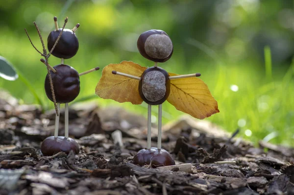 Angel and devil figures made from chestnuts and safety matches and dry ...