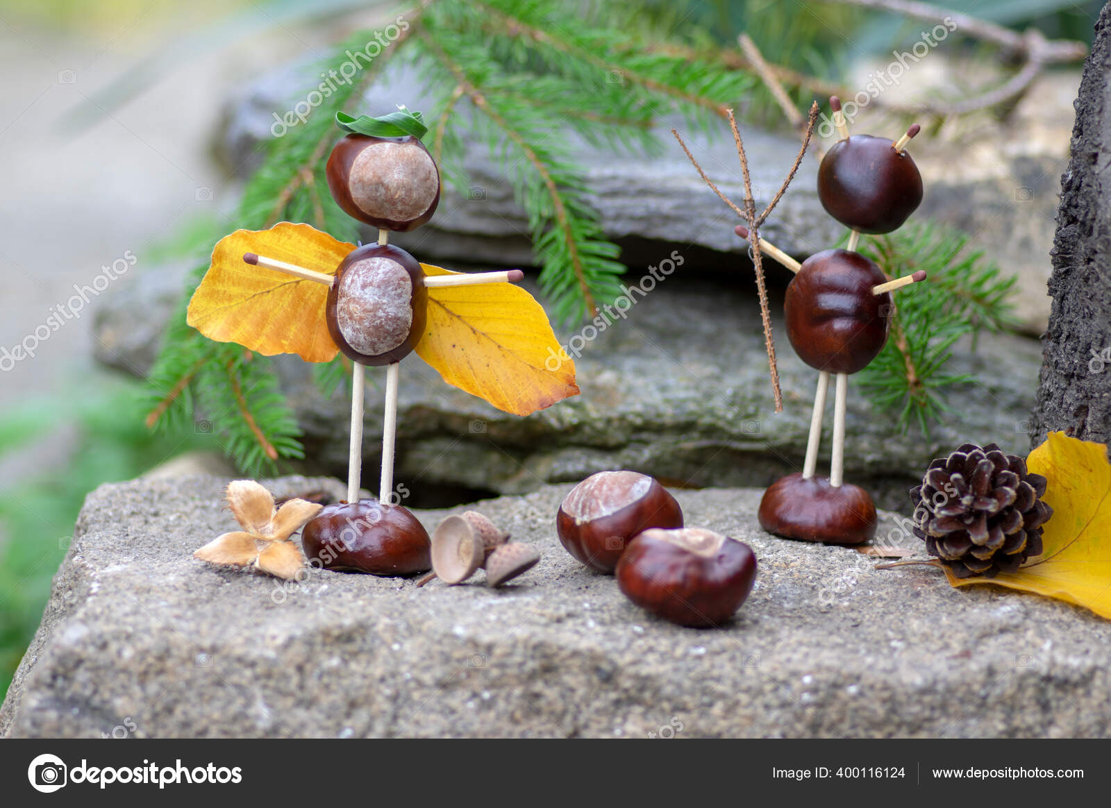 Angel Devil Figures Made Chestnuts Safety Matches Dry Leaves Autumn ...