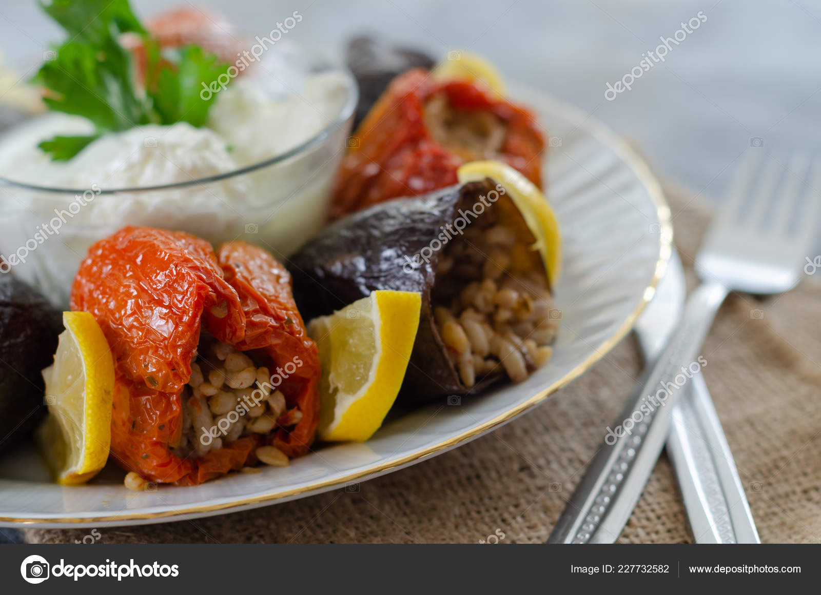 Turkish Cuisine Dolma Homemade Stuffed Dried Eggplant Red Pepper Wooden ...