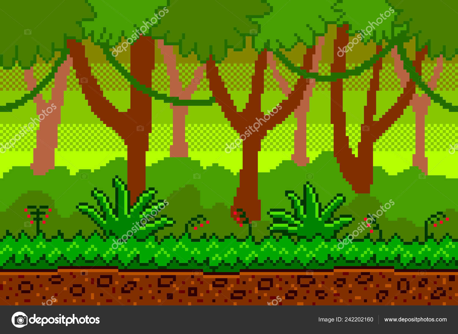 Pixel Art Jungle Background Detailed Colorful Vector Illustration Stock ...