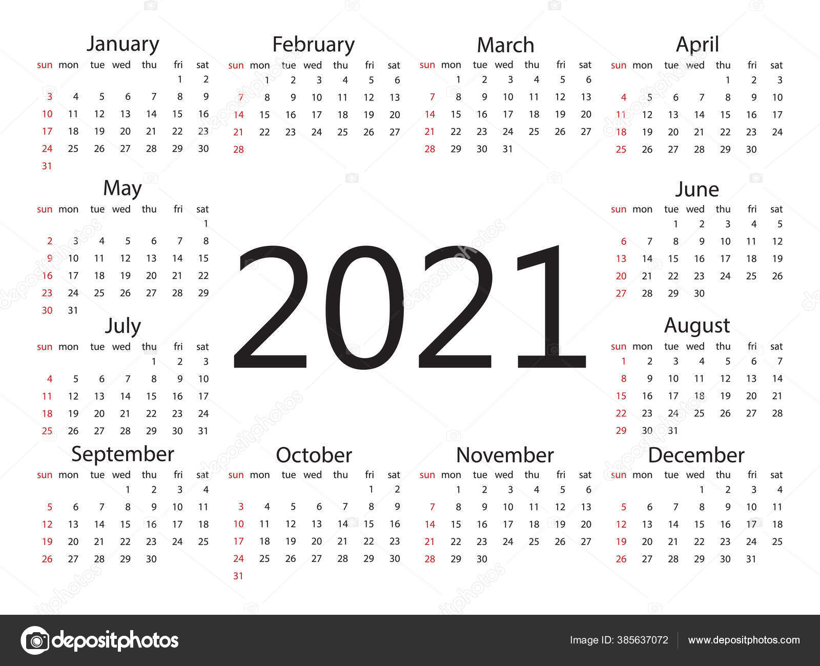 2021 Kalender Week Begint Zondag Vlak stockvector door ©citizen220487 ...