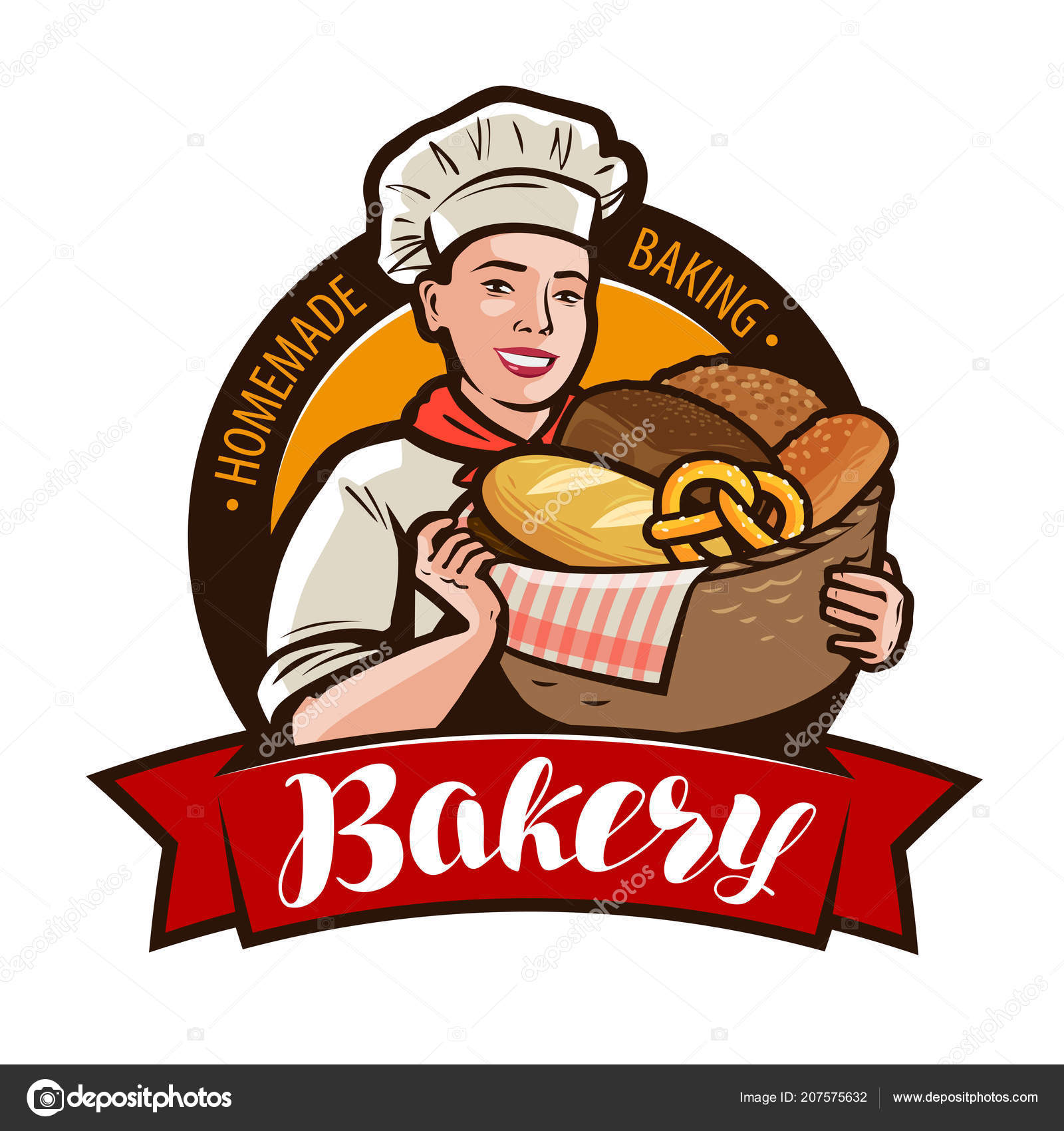Panadería Logotipo Etiqueta Bakeshop Panadero Mujer Sosteniendo Una ...
