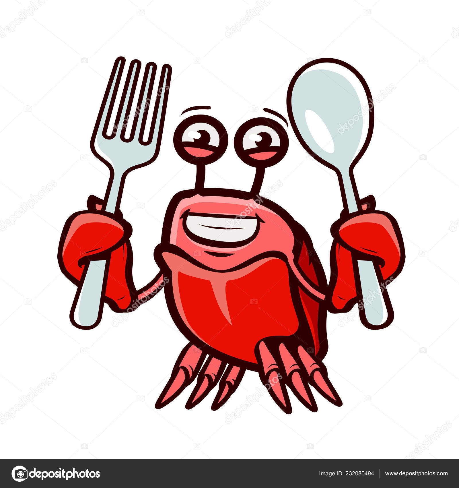 Crab holds fork and spoon. Seafood, cartoon vector illustration — Stock ...