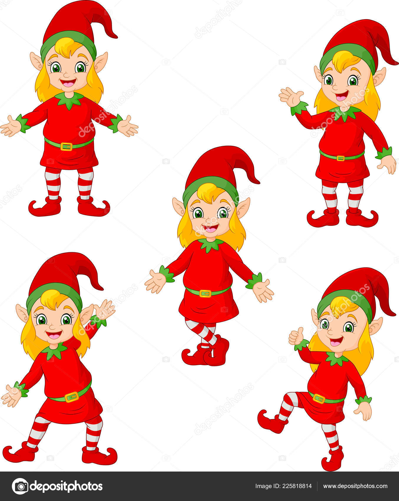 Cartoon Christmas Elves Different Poses Actions — Stock Vector ...