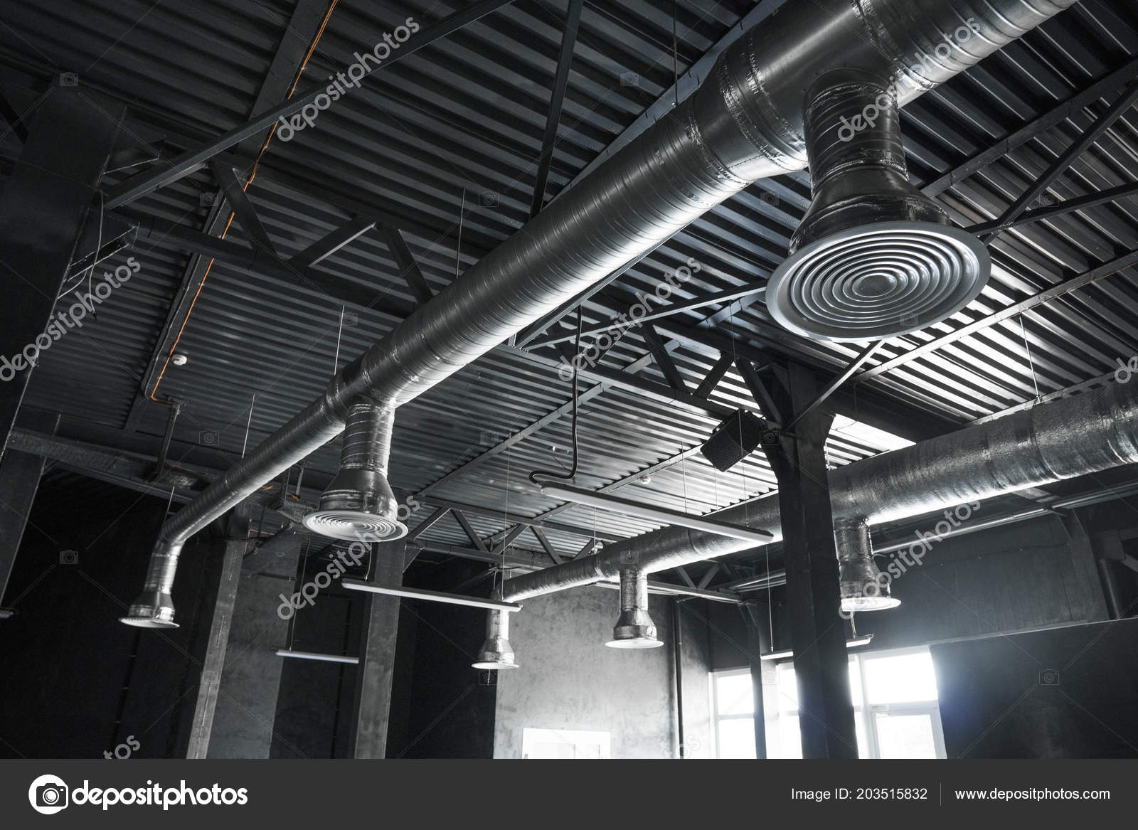 Ventilation system on the ceiling of large buildings. Ventilation pipes ...