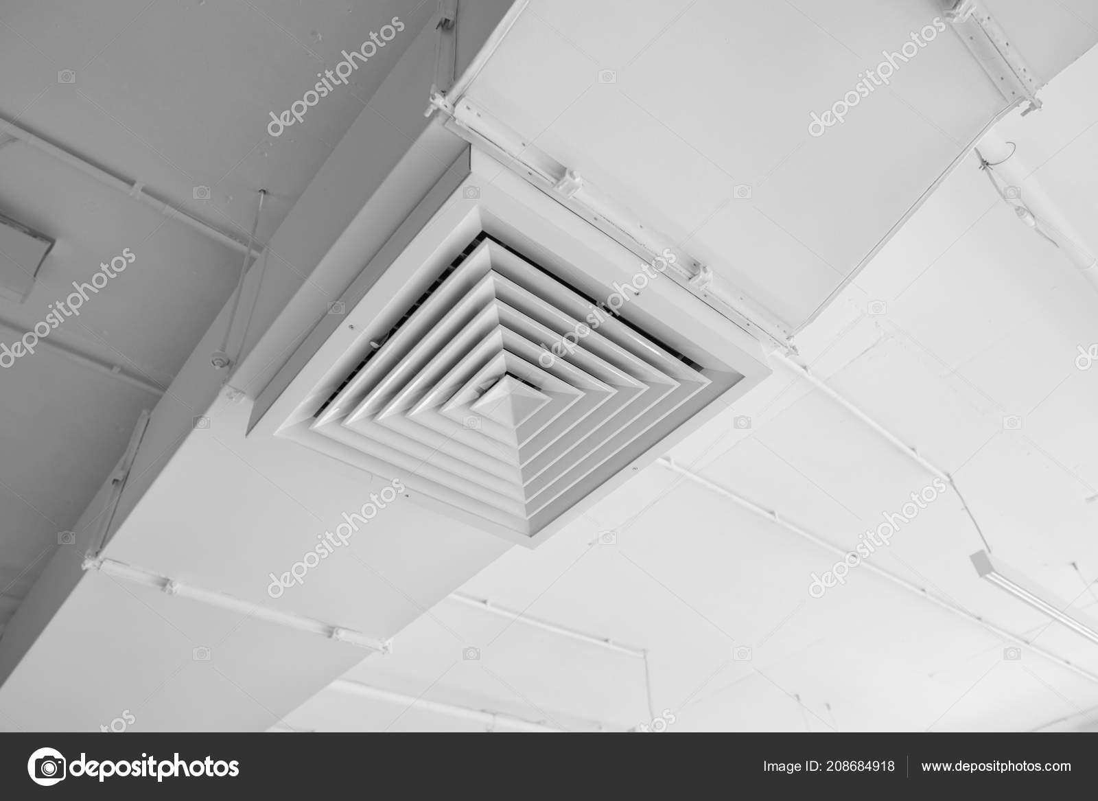 Ventilation system on the ceiling of large buildings. Ventilation pipes ...