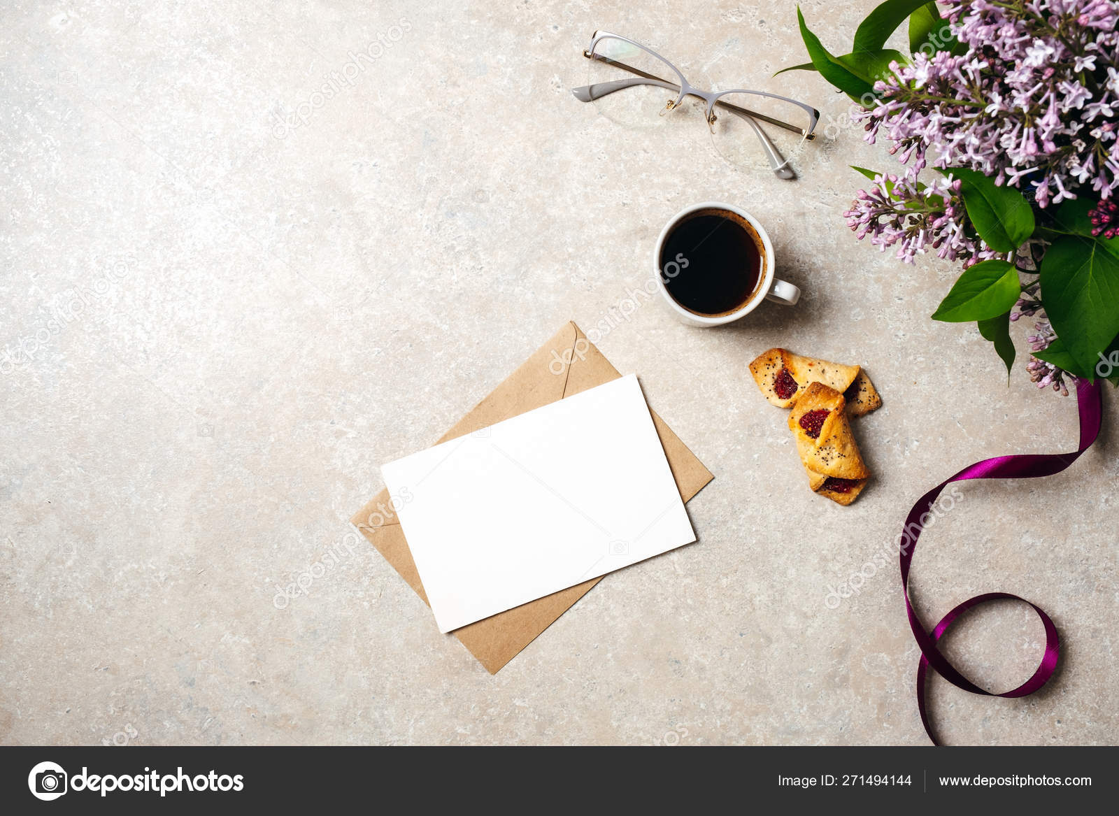 Minimal home office desk workspace with blank paper card, kraft ...