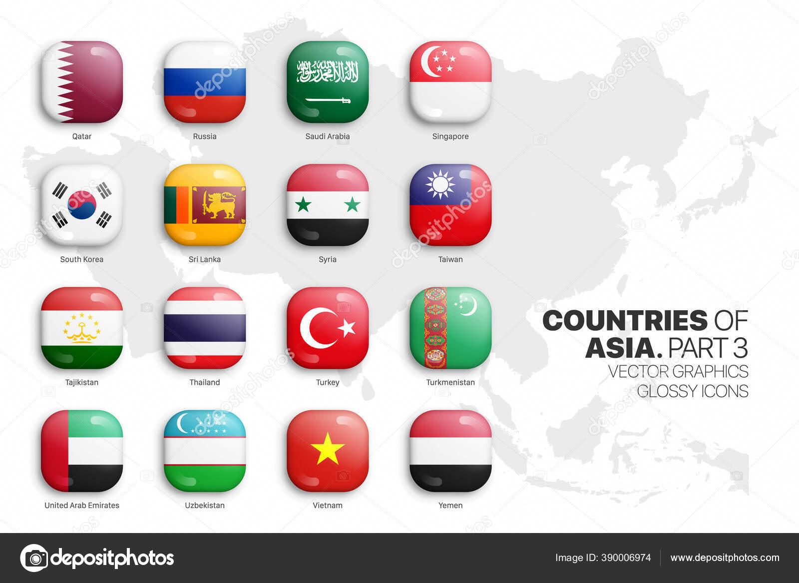Asian Countries Flags Vector 3D Glossy Icons Set Isolated On White ...