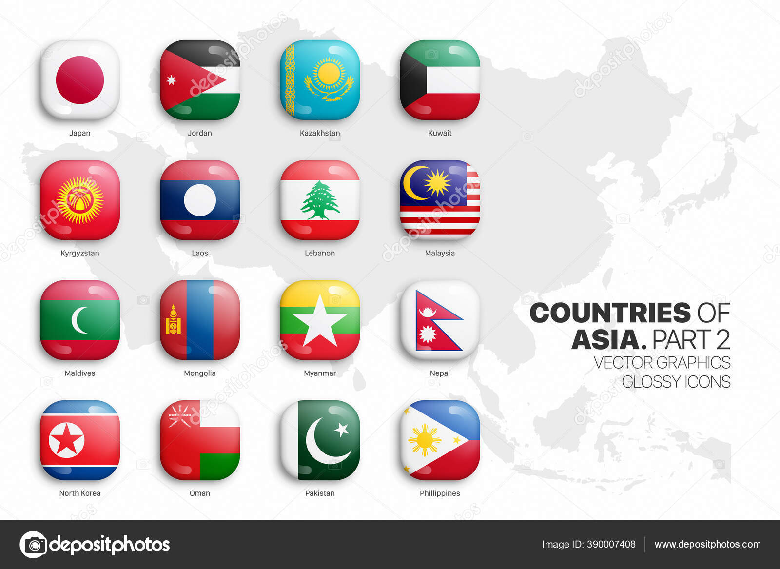 Negara-Negara Asia Tanda Vektor 3D Ikon Glossy Mengatur Terisolasi Pada ...