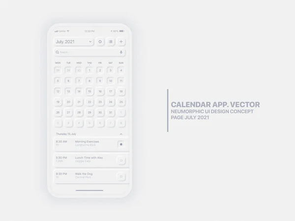 Vector Calendar Mobile App July 2022 UI UX Neumorphic Design Mockup ...