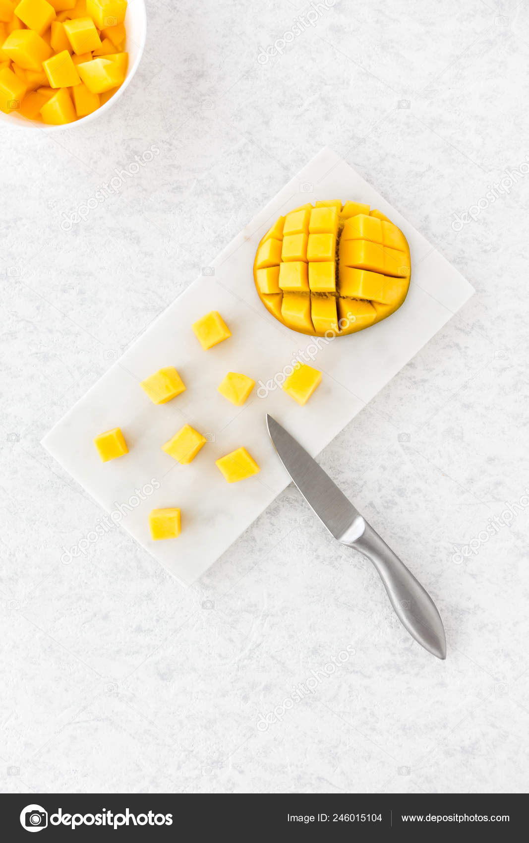 Mango Cubes Cut Mango Half White Marble Chopping Board White Stock ...